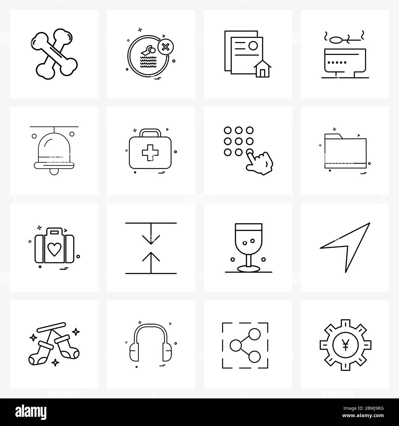 Universal Symbols of 16 Modern Line Icons of notification, message ...