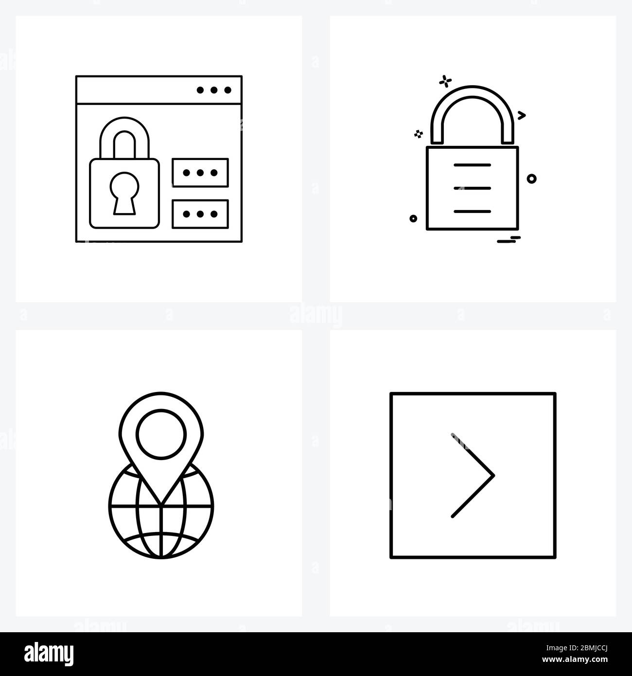 Set of 4 Universal Line Icons of web, web, locked, protection, chevron ...