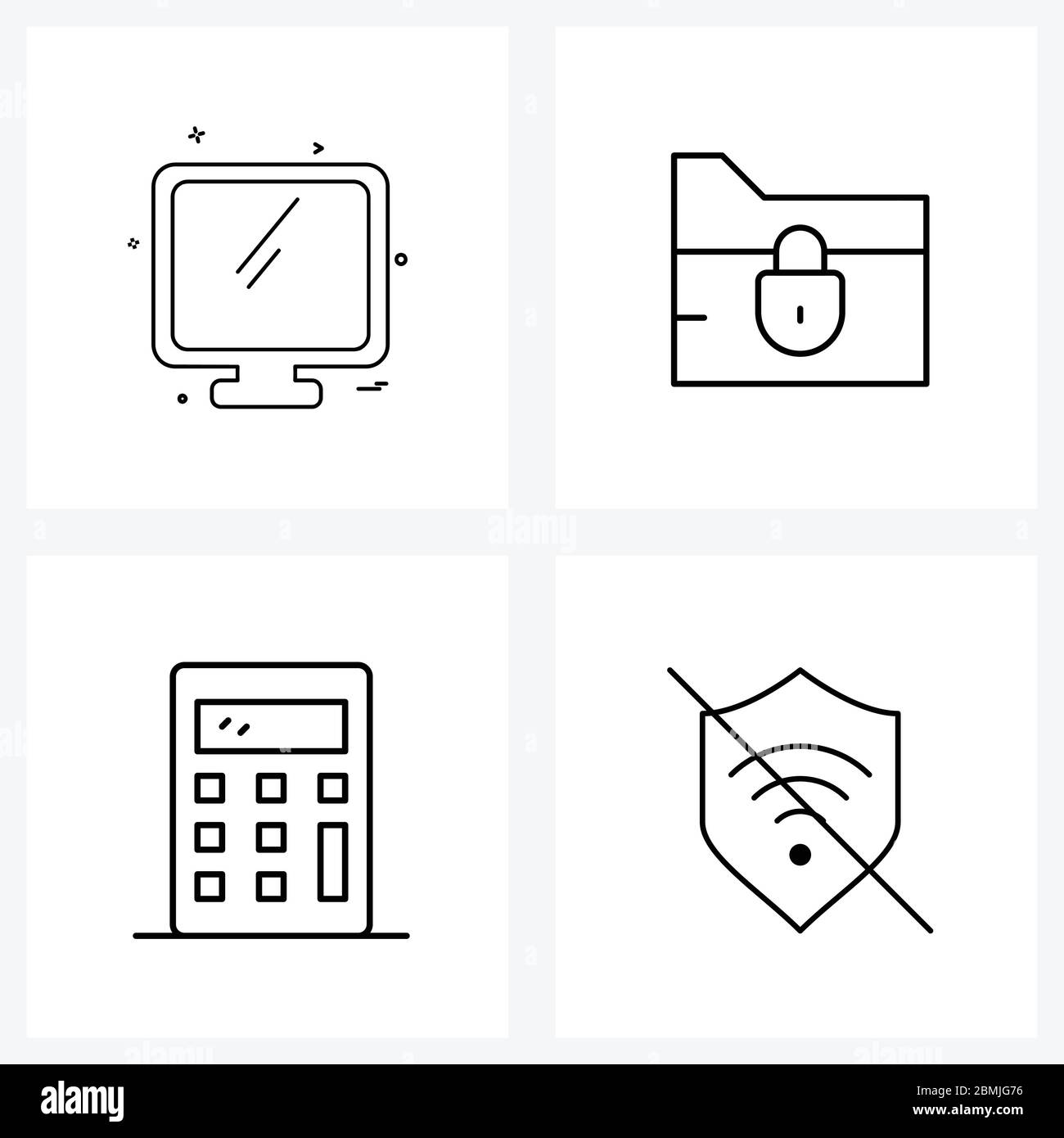 Line Icon Set of 4 Modern Symbols of monitor, calculator, led, security ...