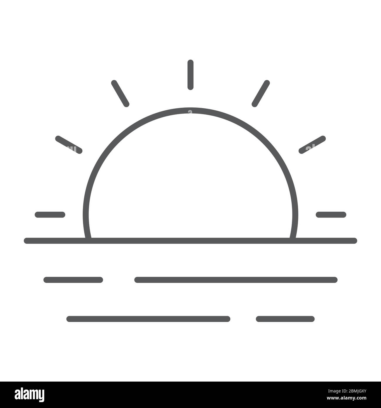 Sunset and sea waves thin line icon, summer and ocean, sunset sign ...