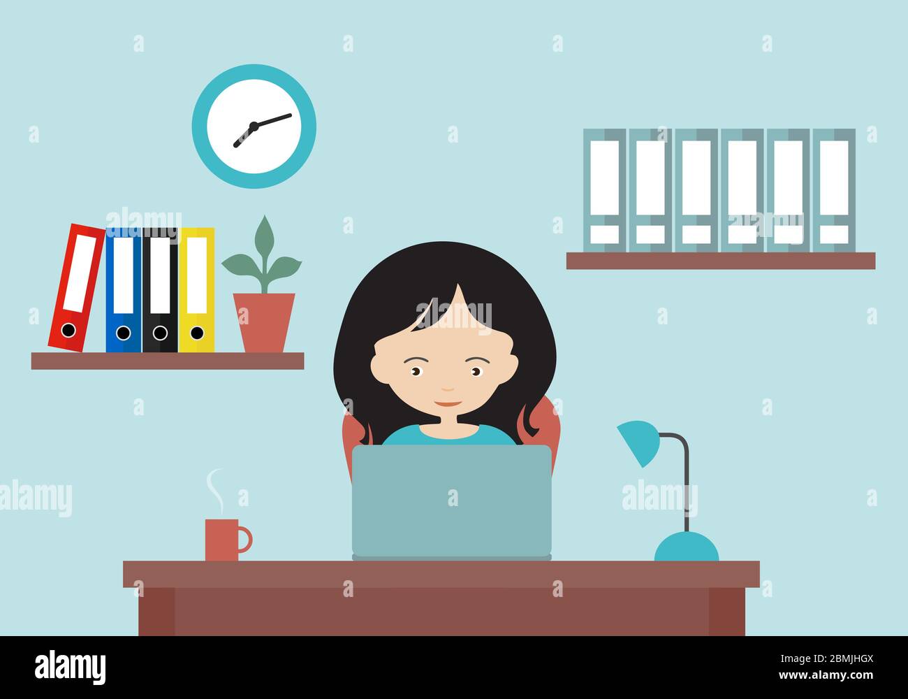 Flat design cartoon illustration of woman working in office on laptop ...