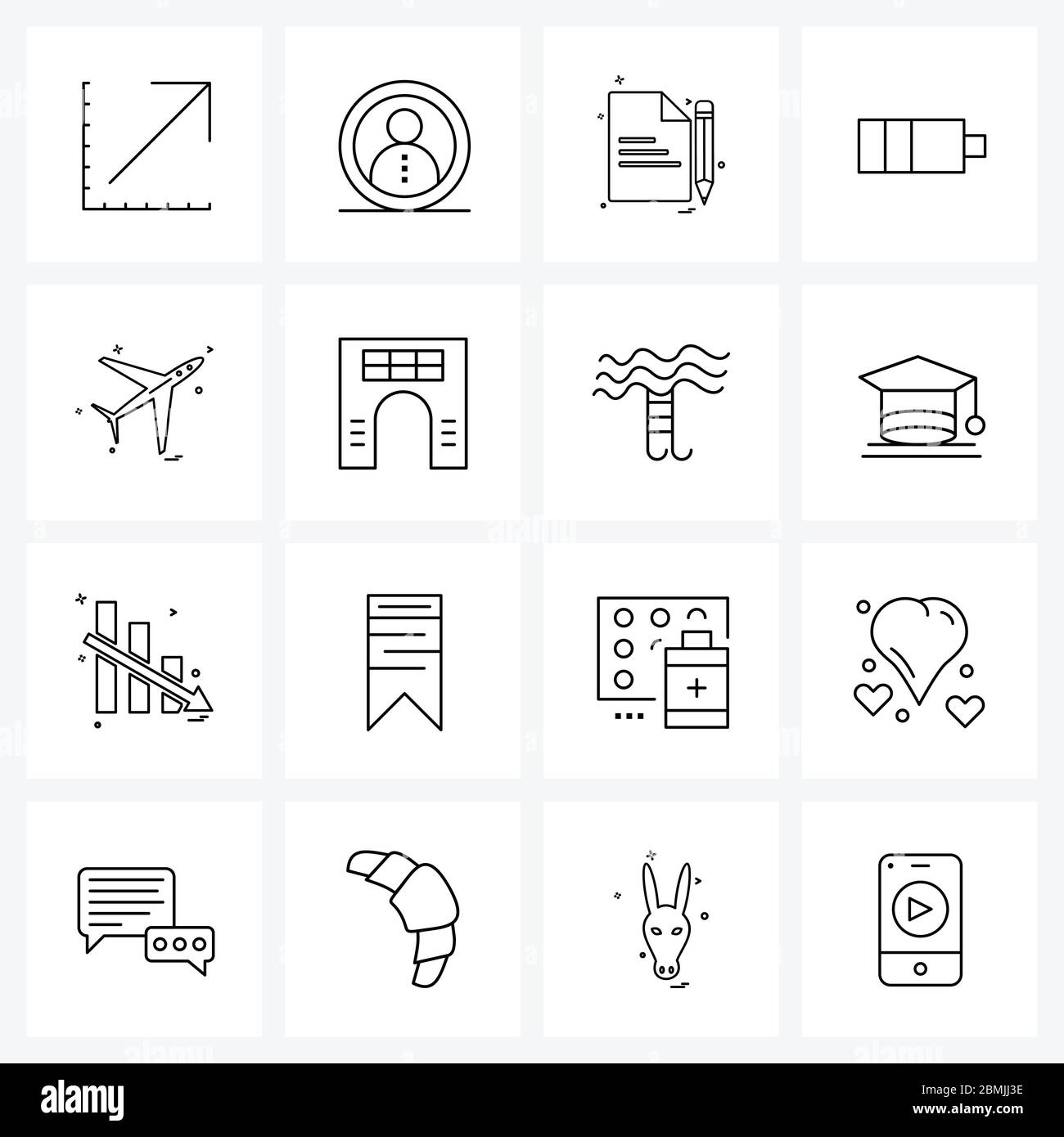 Set of 16 Universal Line Icons of aero plane, simple, user, charging ...