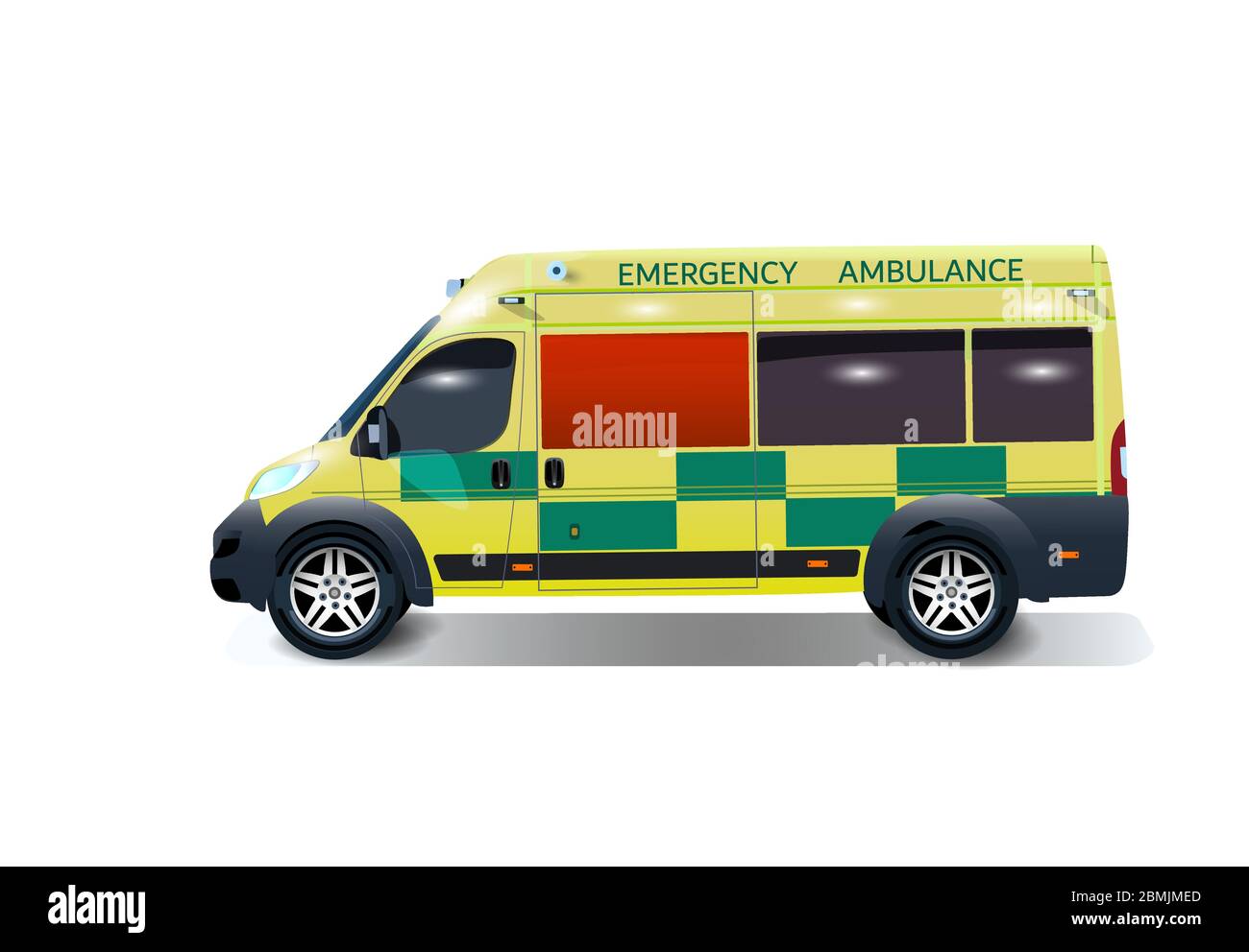City ambulance with shadow. Varian UK. Side view from the point of view ...