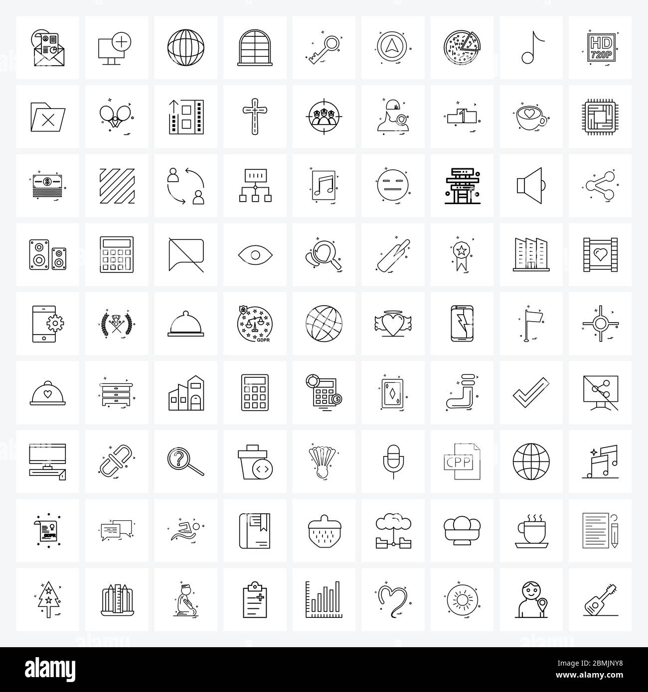 Modern Style Set of 81 line Pictograph Grid based lock, key, map ...