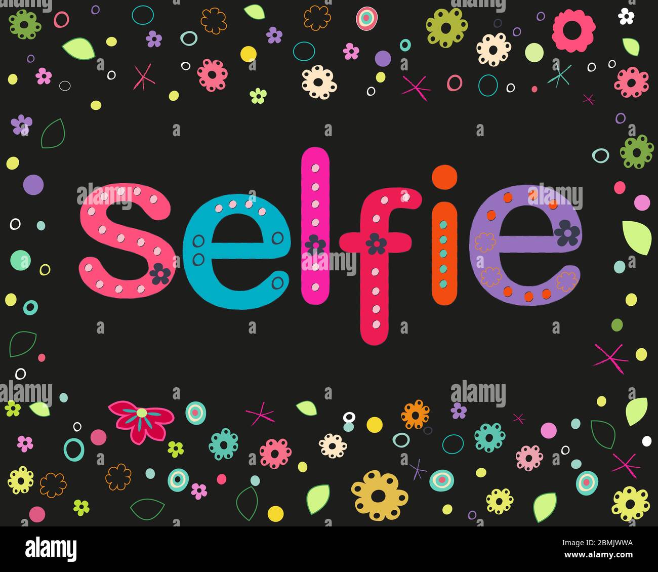 Selfie lettering with decorative flowers elements vector black ...