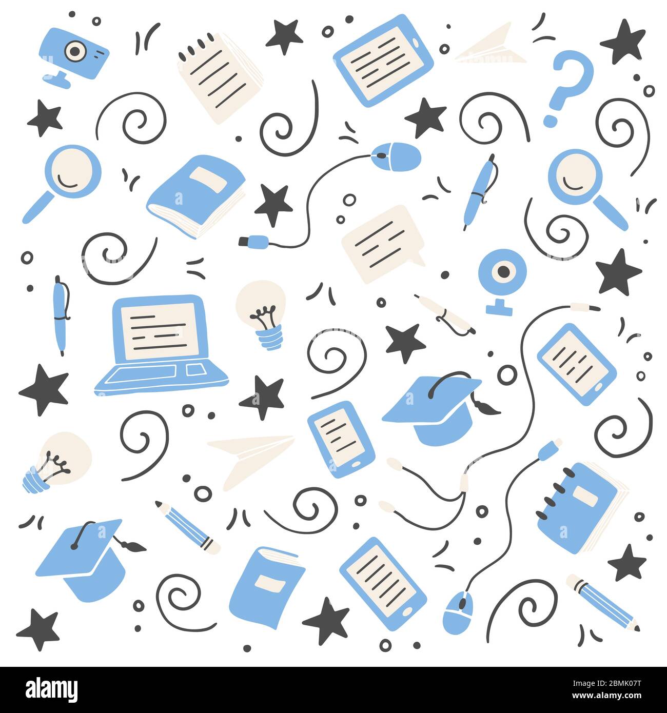 Hand drawn set of online education elements, laptop, pencil, book ...