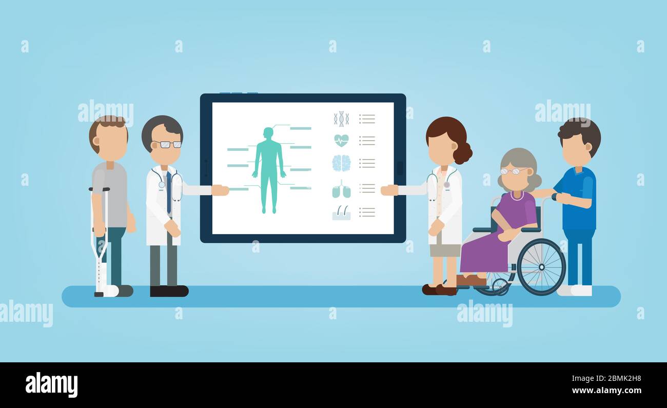 Health check concept with doctor and digital tablet display flat design ...