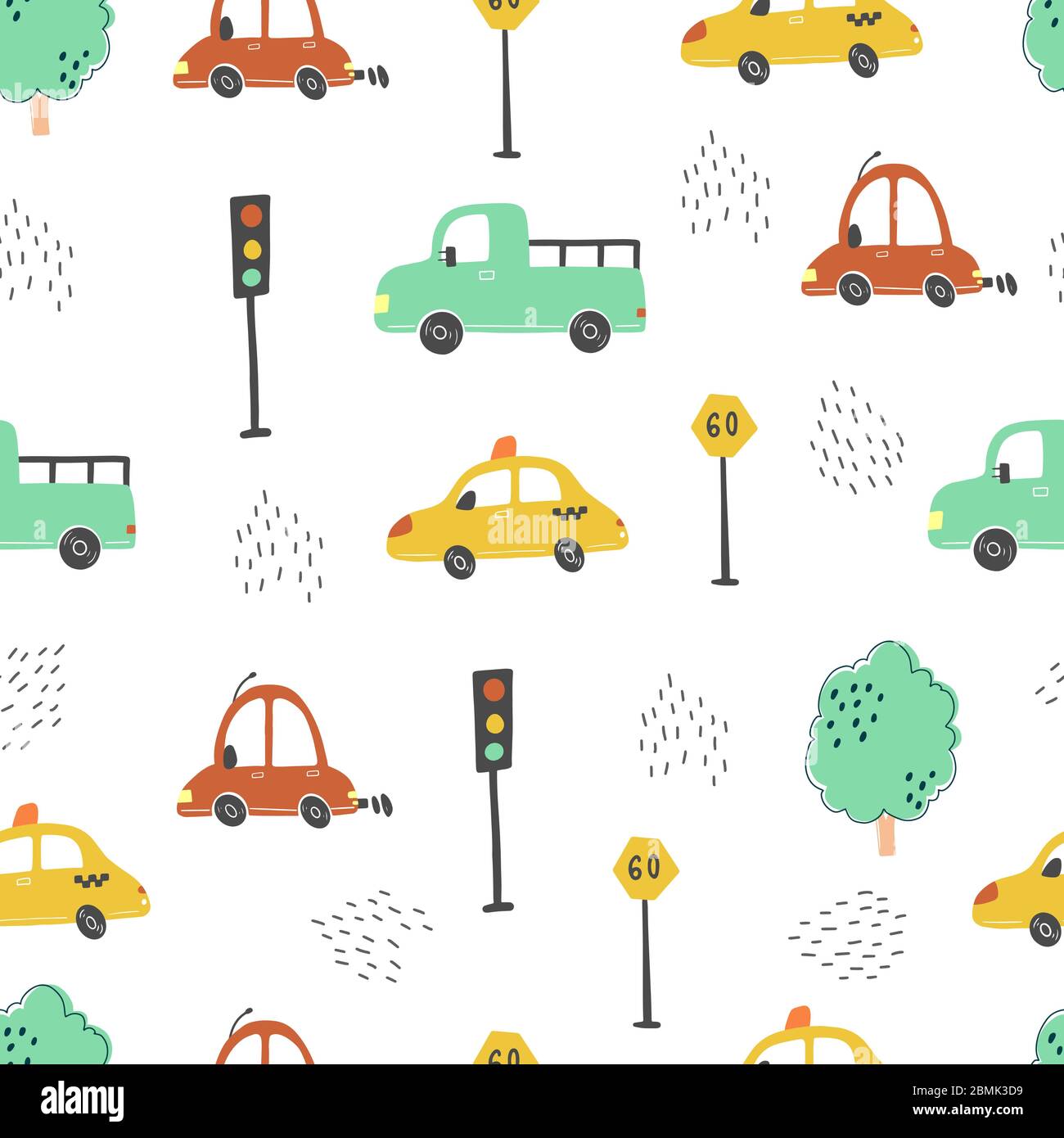 Seamless pattern of childish cartoon town, city map with road and cars for fabric, wallpaper ...