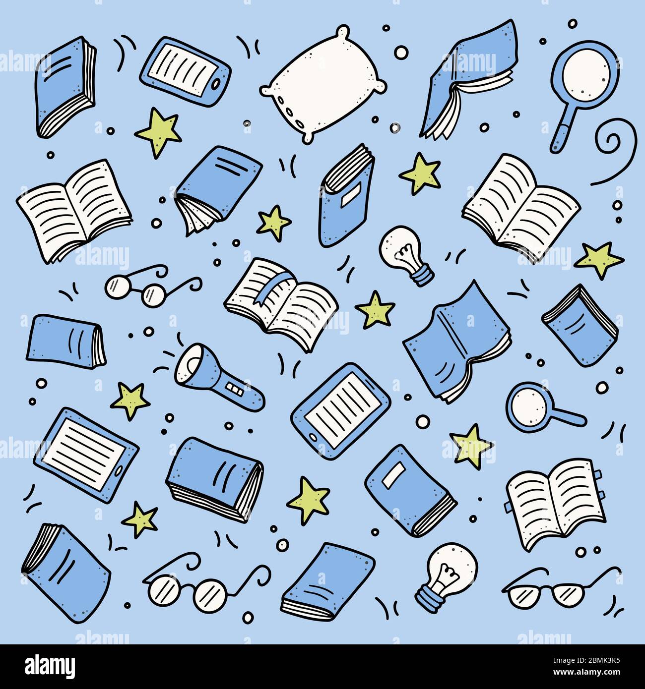 Hand drawn set of book doodle elements, e-book, lamp, education symbols ...