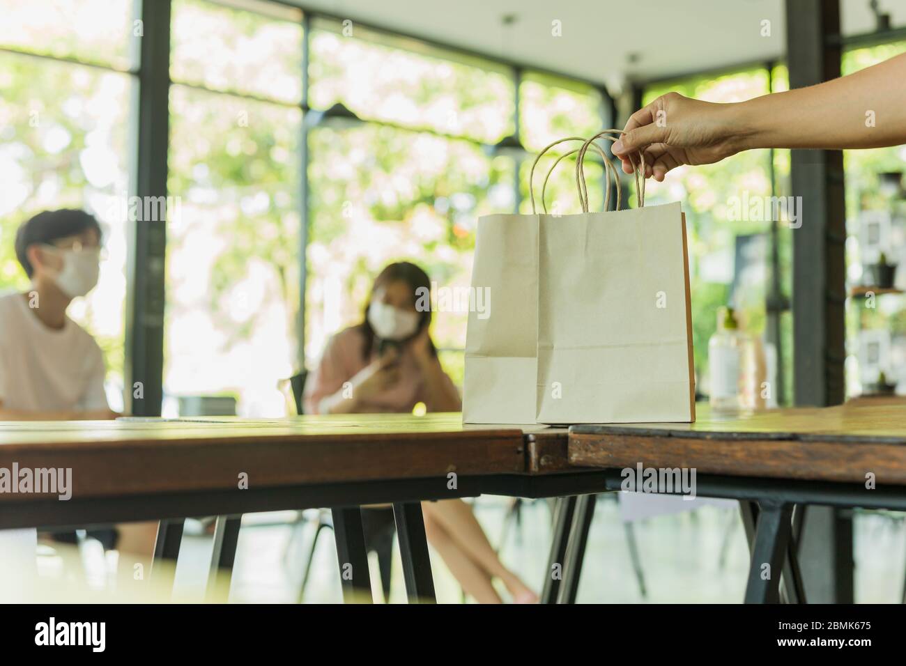 Waiter serving takeaway food to customer social distance conceptual ...