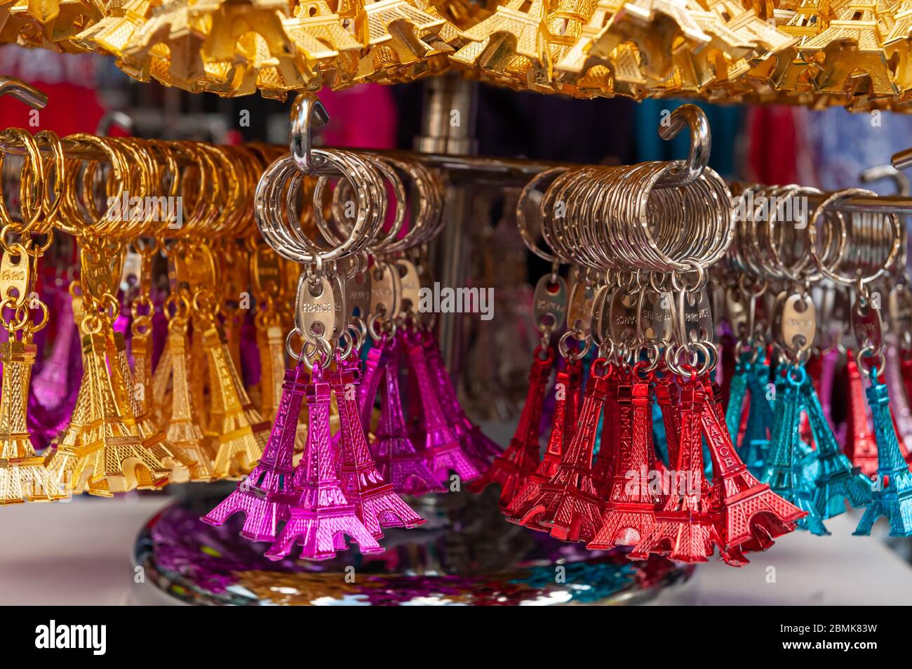 Paris, France. Key rings as colorful souvenirs of the wonderful Eiffel ...