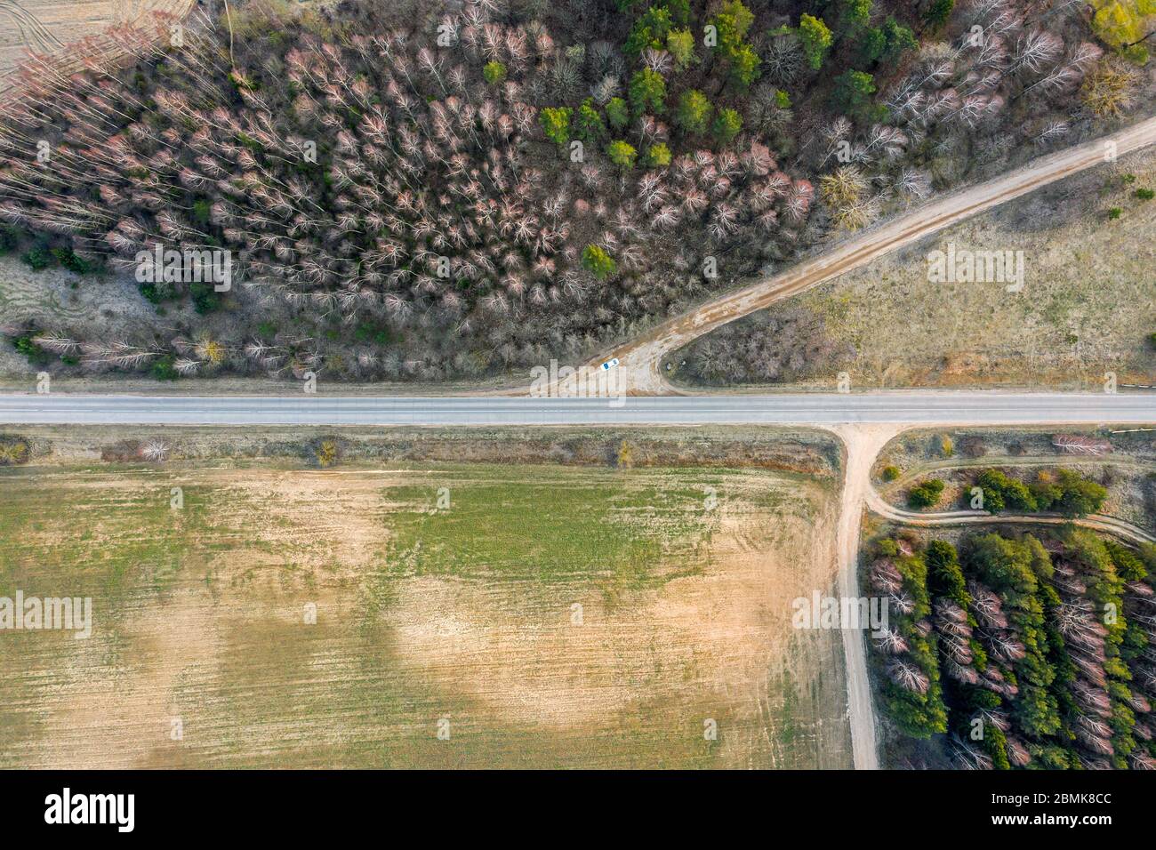 aerial view of country road between forest and green field. spring ...