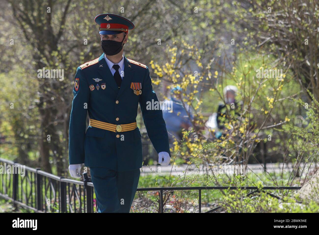 Russian military officer wearing a face mask as a preventive measure ...