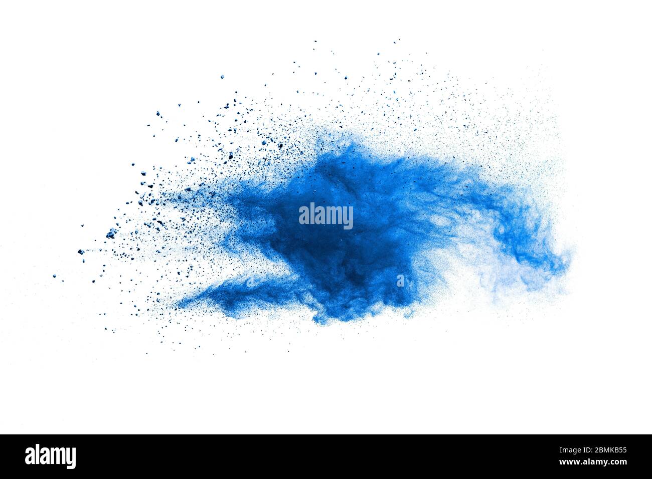 Bizarre forms of blue powder explosion cloud on white background ...