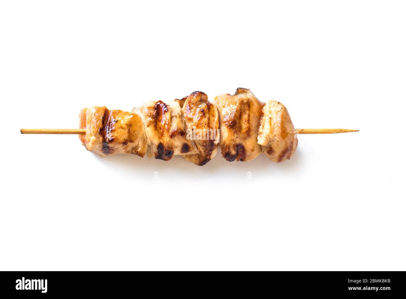 Grilled chicken skewer isolated on white background, top view. Meat pork, chicken or turkey ...