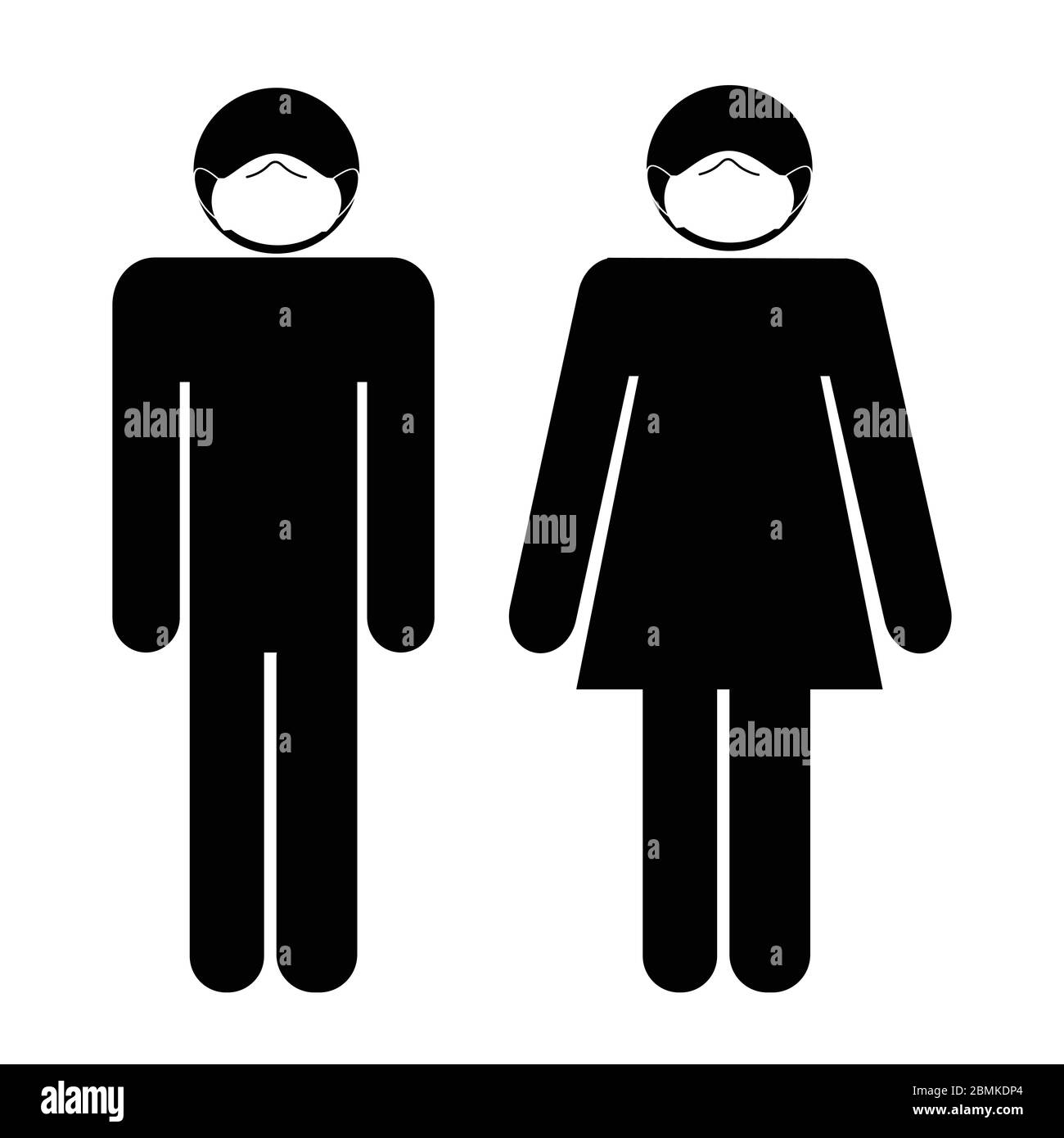 Man Woman with Face Mask Stick Figure Icon. Black and white ...