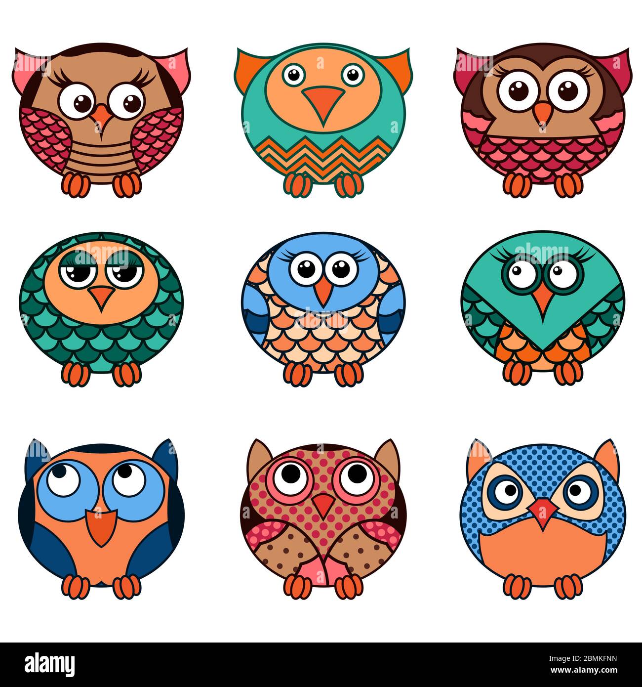 Set of nine cute cartoon oval owls in various pattern isolated on the ...