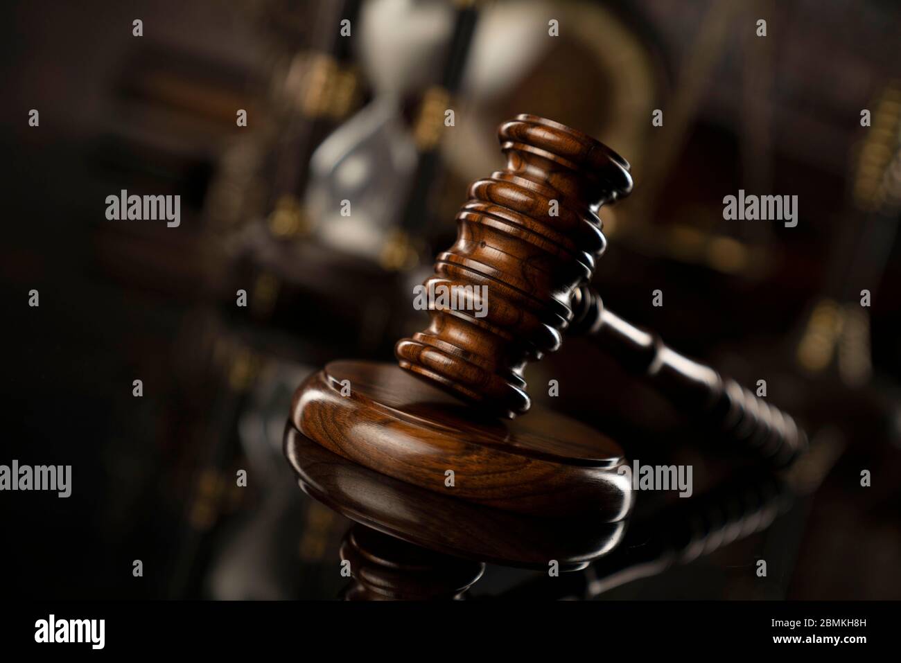 Lawyers office concept. Law symbols composition: gavel, scale on brown ...