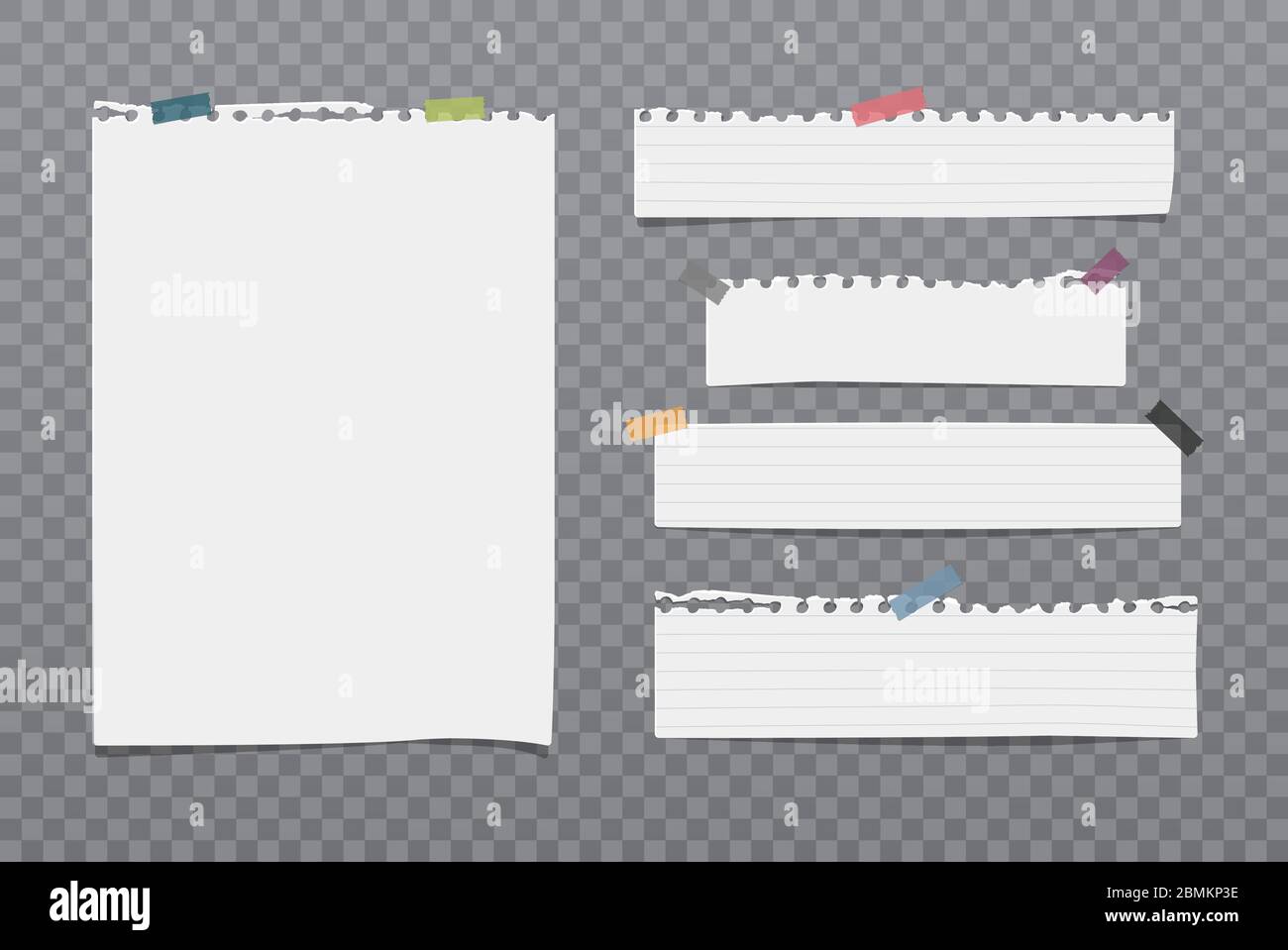 Pieces of white torn, ripped, lined note, notebook paper pieces are on ...