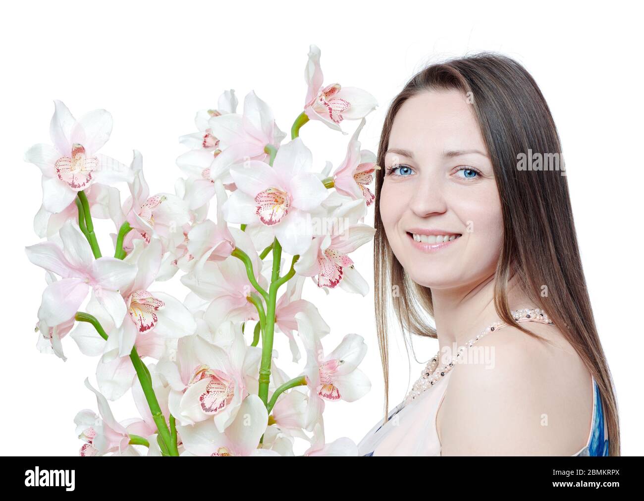 Beautiful Happy Woman With Orchid Flower Over White Background Stock