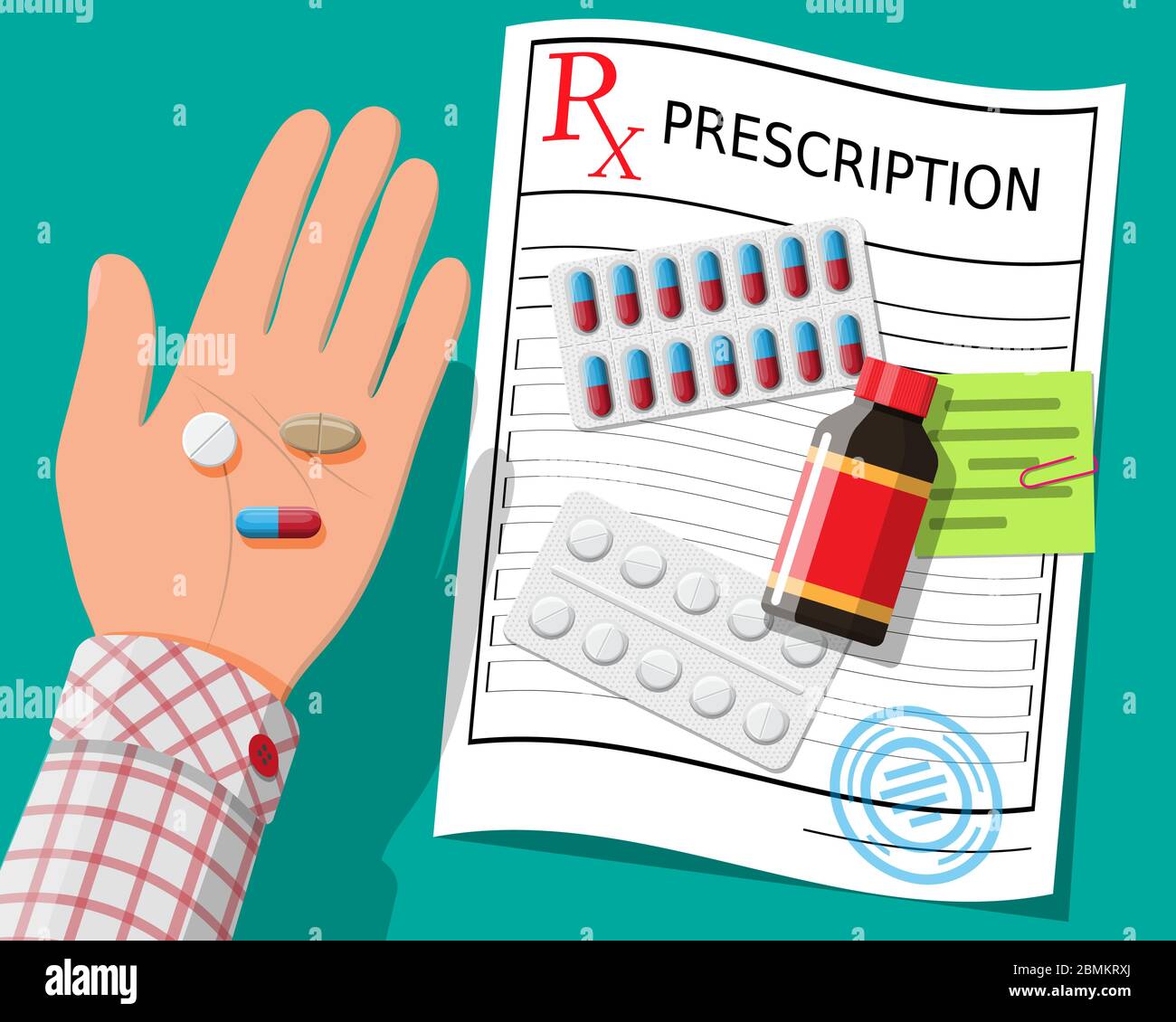 Hand, prescription rx, pills, capsules for illness and pain treatment ...