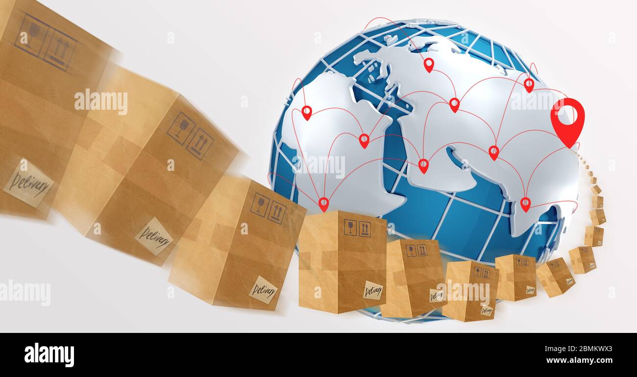International delivery. Collage with parcel boxes flying to their ...