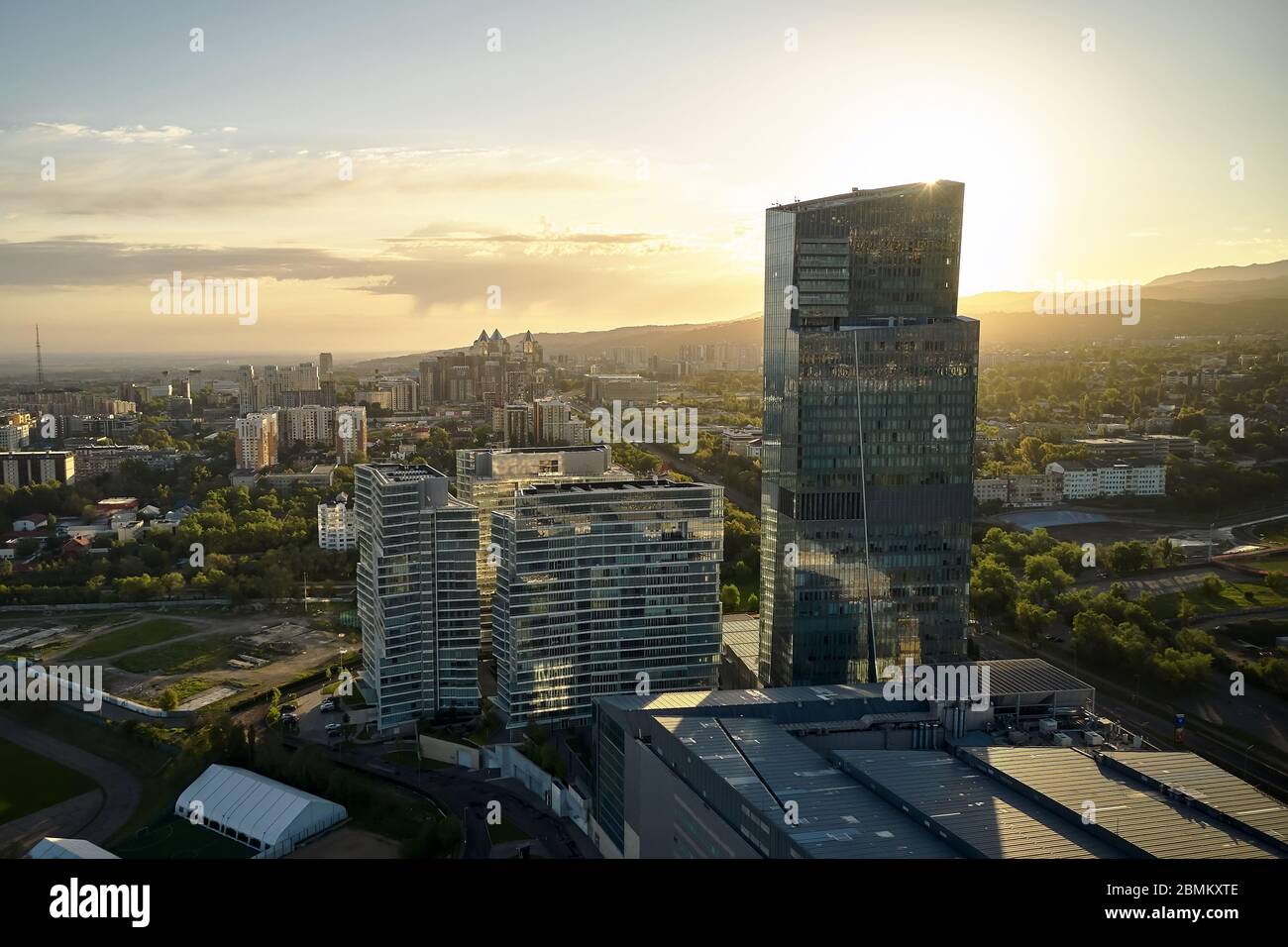 Almaty, Kazakhstan - May 8, 2020: Aerial view of Esentai Tower Business ...