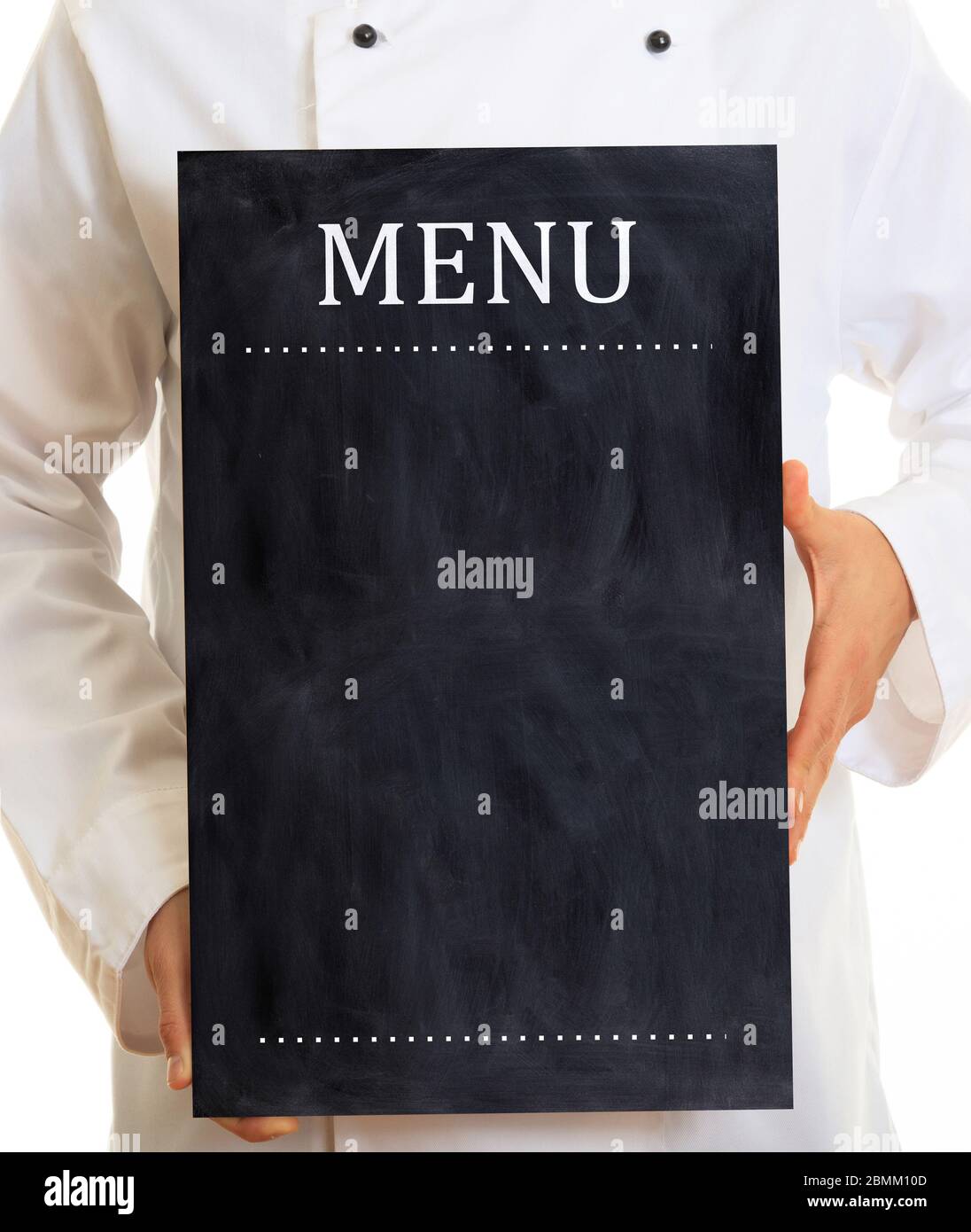 Restaurant menu blank black board. Chef with white uniform, holds an ...