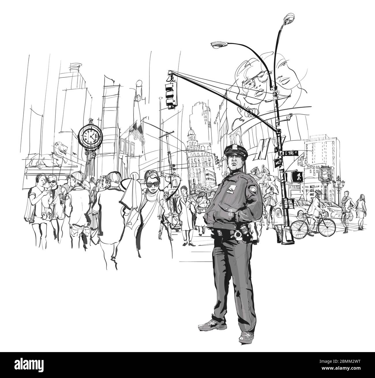 Police officer in duty on a street of Manhattan. New York City - vector ...