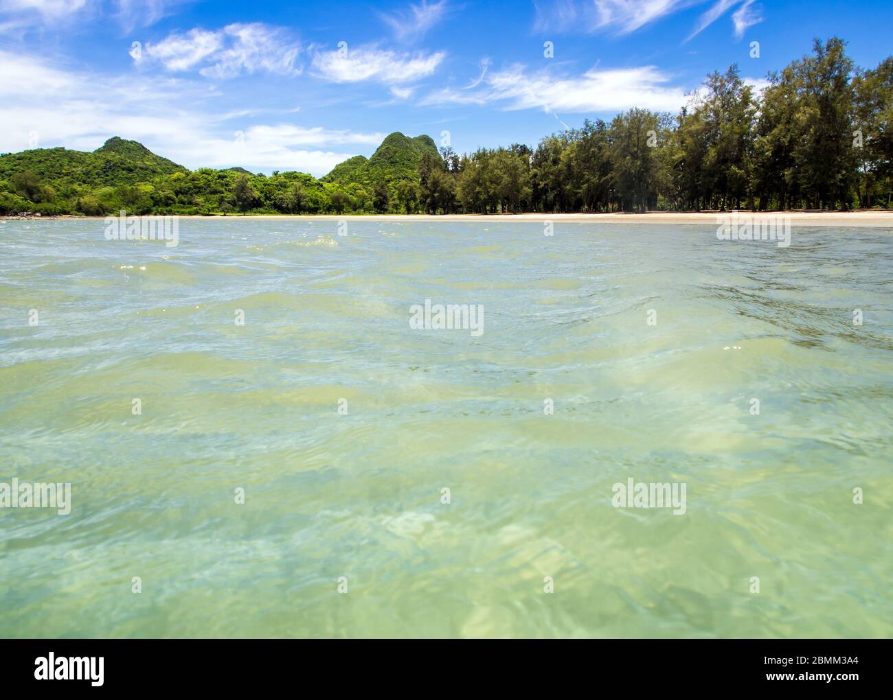 Wide view at the water surface level of movement sea and the mountain ...