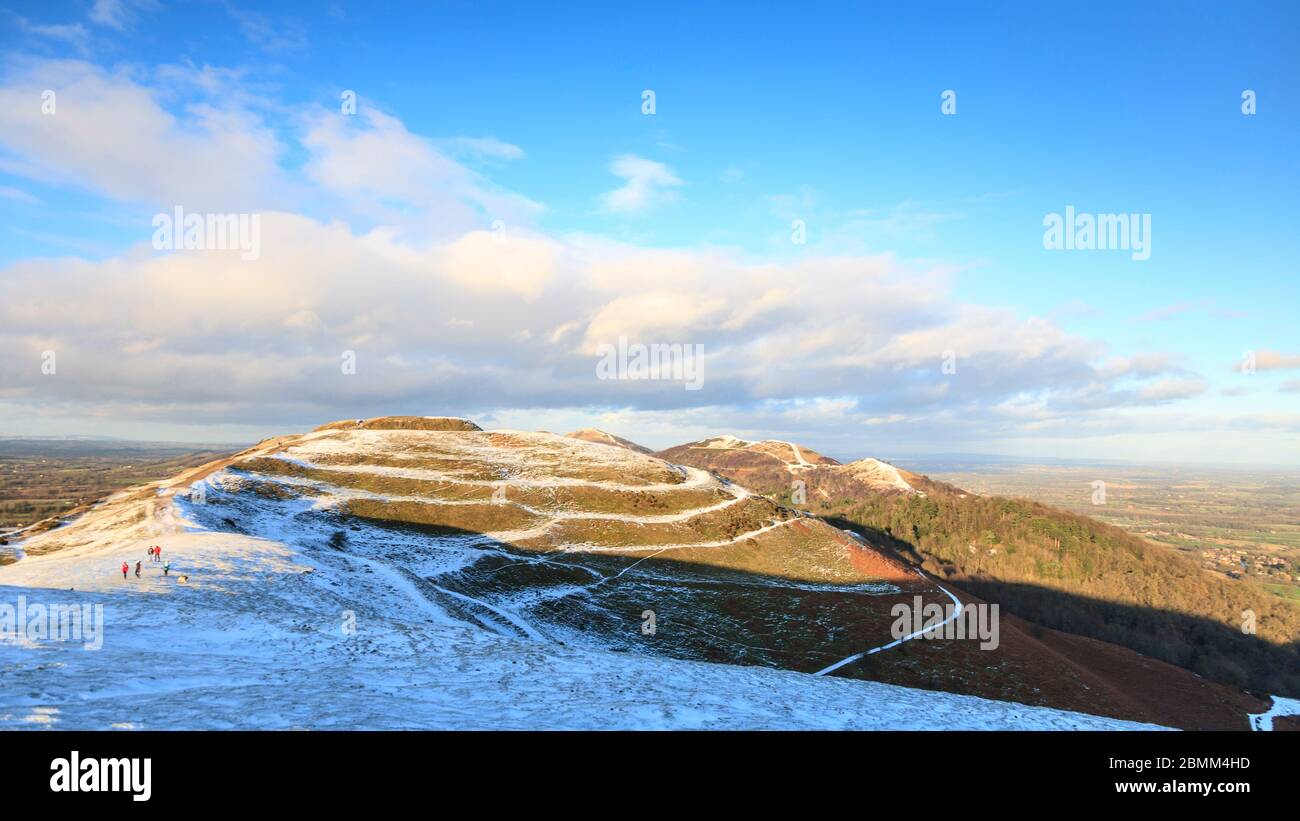The snow filled defensive ditches of British Camp Iron Age Fort in the ...
