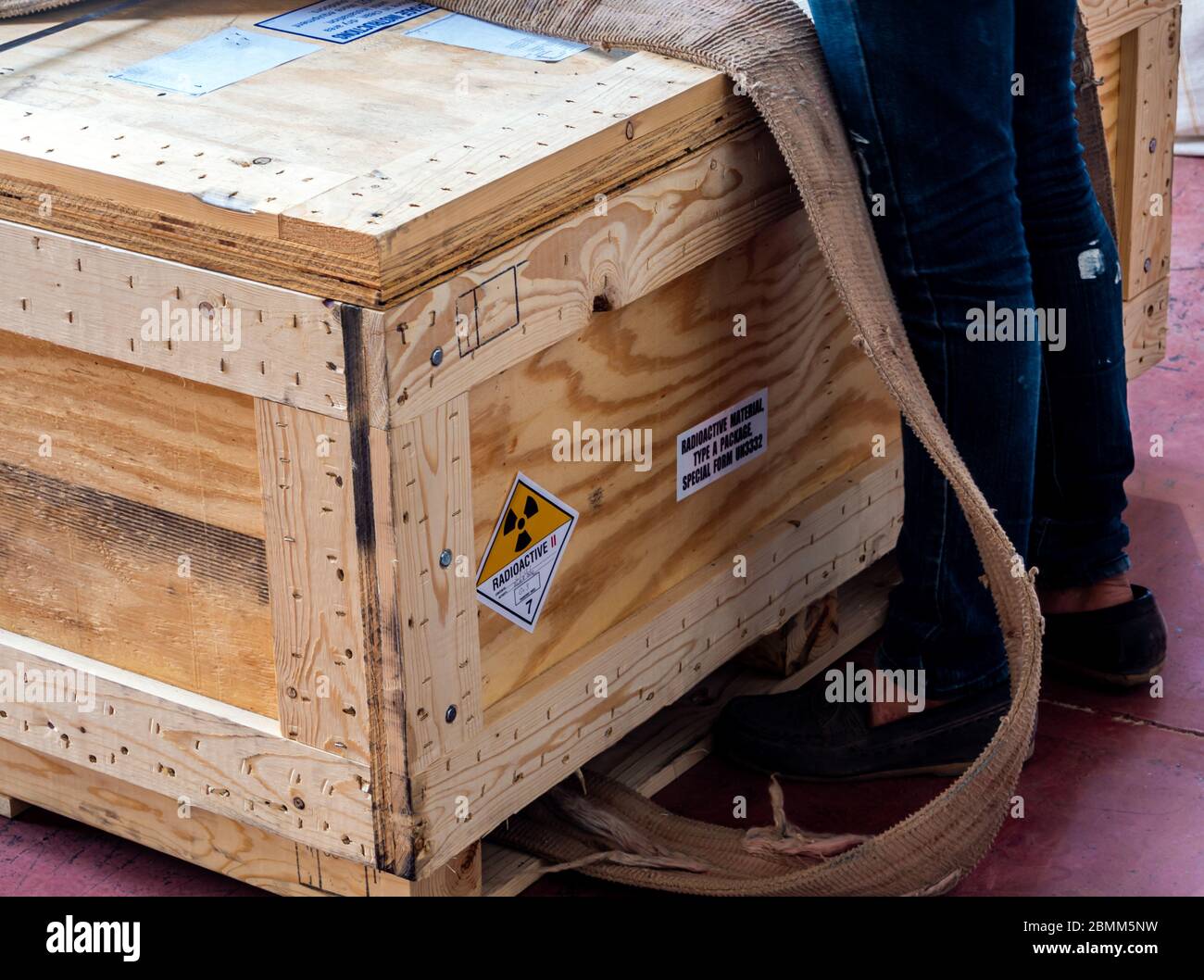 Radioactive material label beside the transportation wooden box Type A ...
