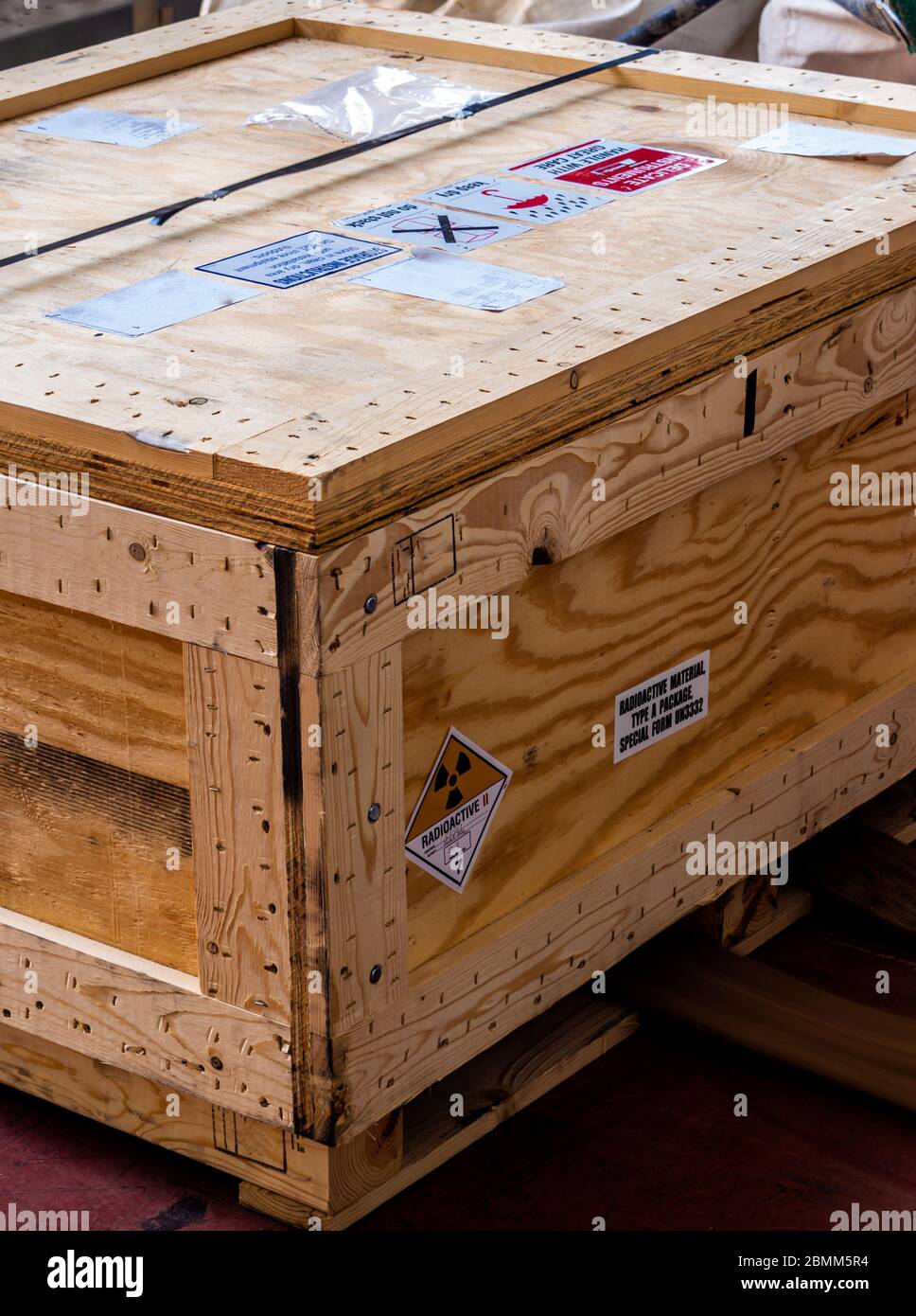 Radioactive material label beside the transportation wooden box Type A ...