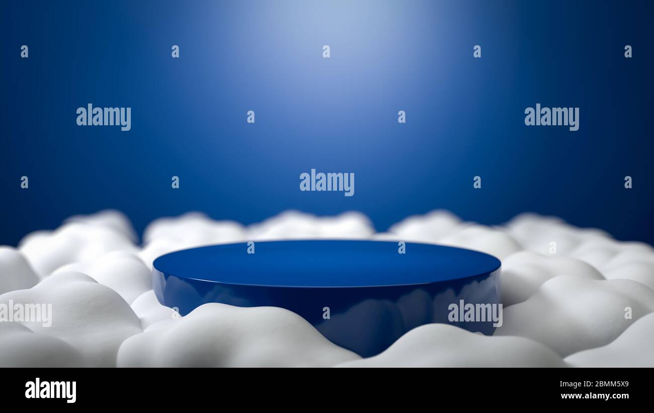 BLue round stage, podium or pedestal flying in the clouds at sky ...