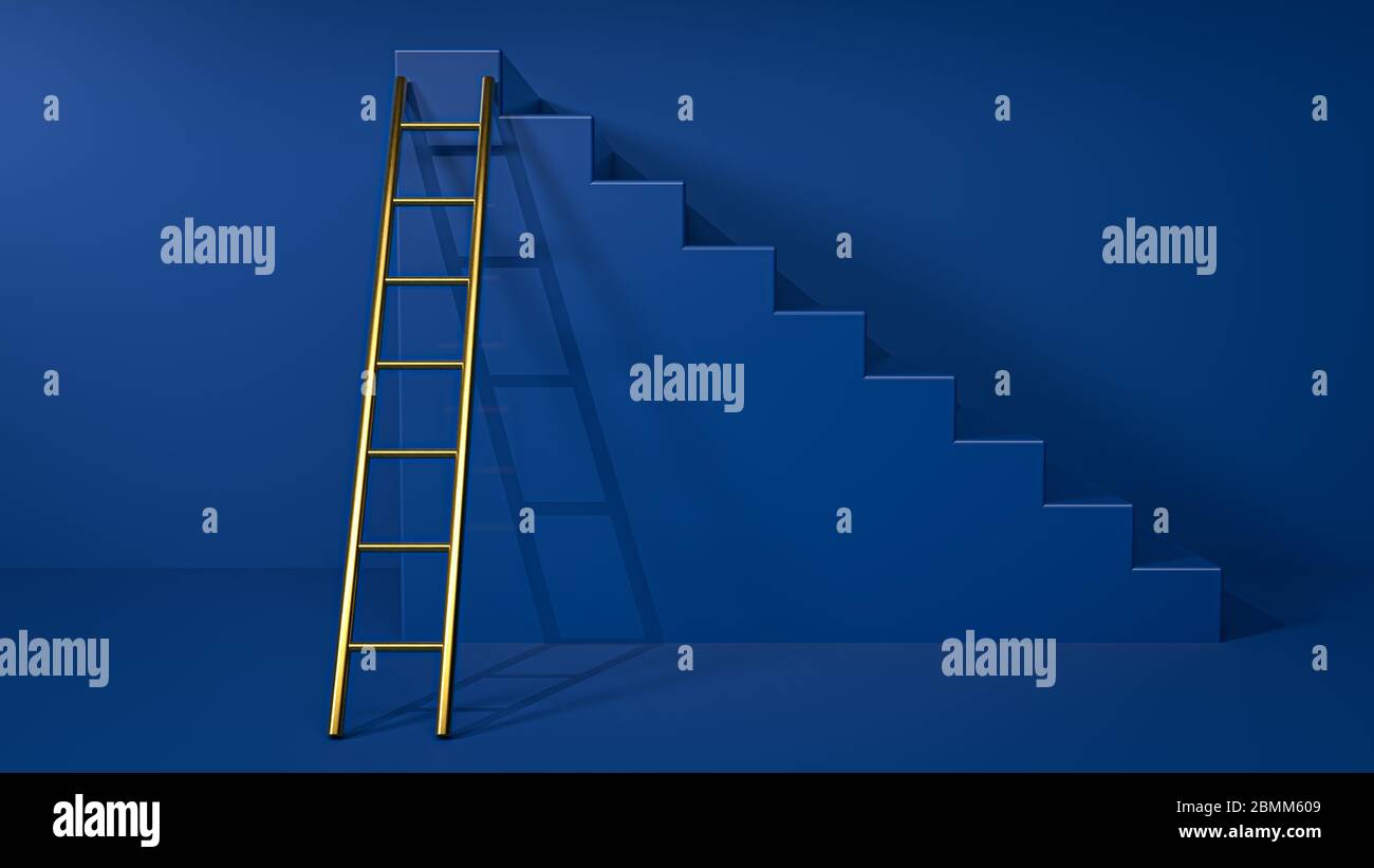 Golden ladder leaning on blue stairs and leading to the top. Concept of ...
