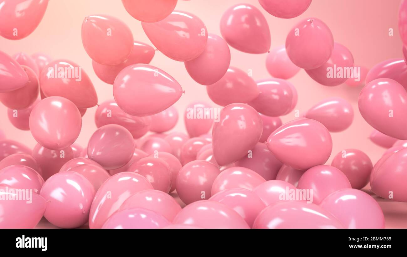 3d render of colorful pink air ballons flying and falling in pink paper ...
