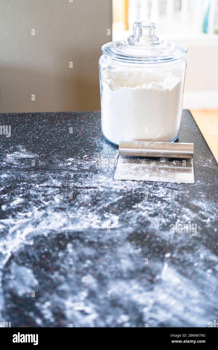 Kitchen countertop covered with all purpose flour after baking Stock ...