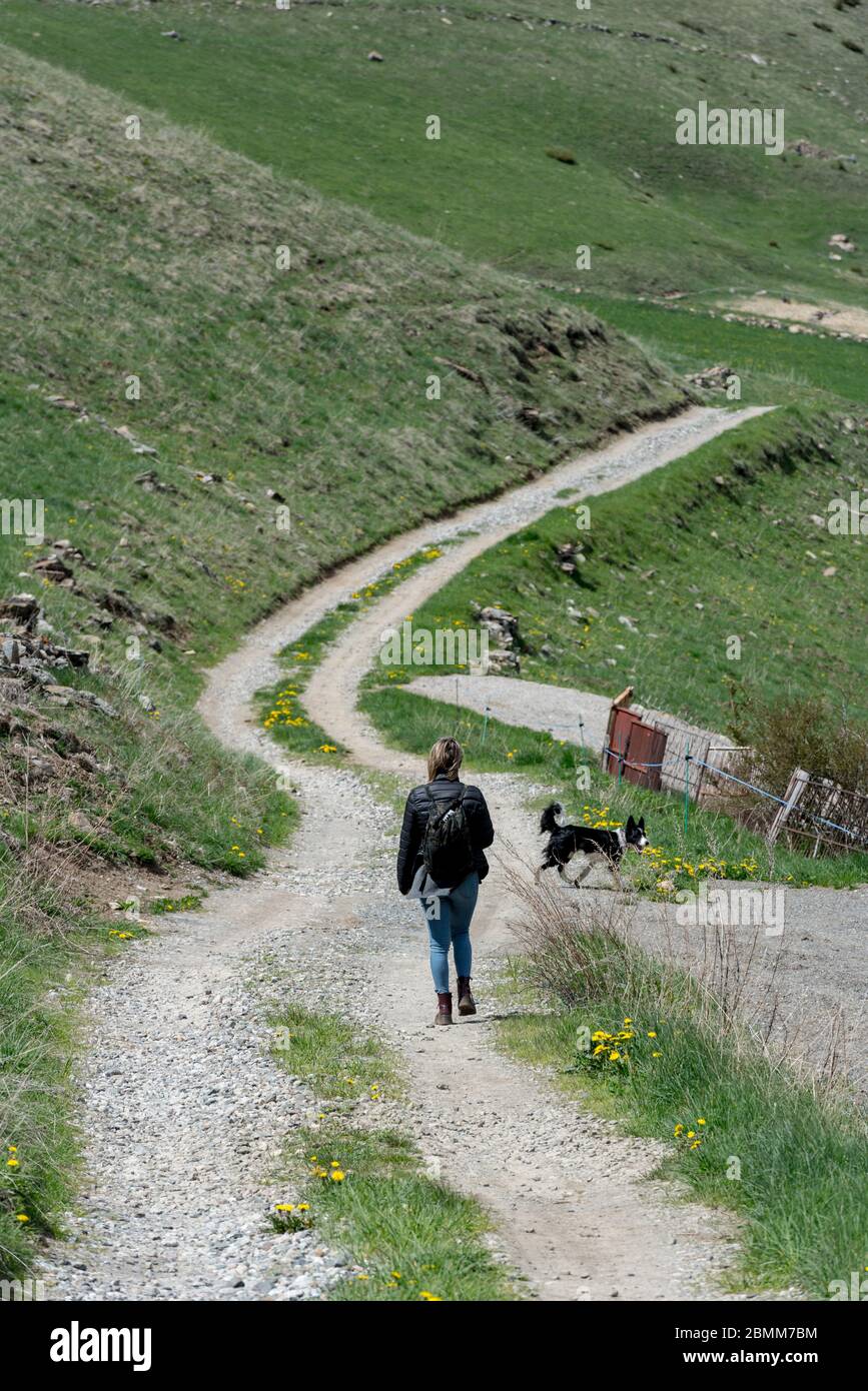 Young Woman whit your dog in Montaup river in Canillo, Andorra in ...