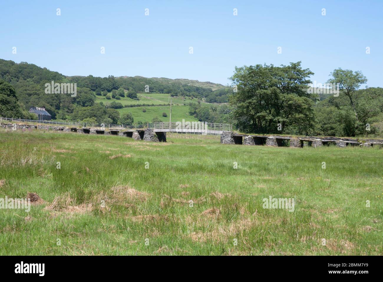 Footbridge Afon Lledr near the village of Dolwyddelan in the Lledr ...