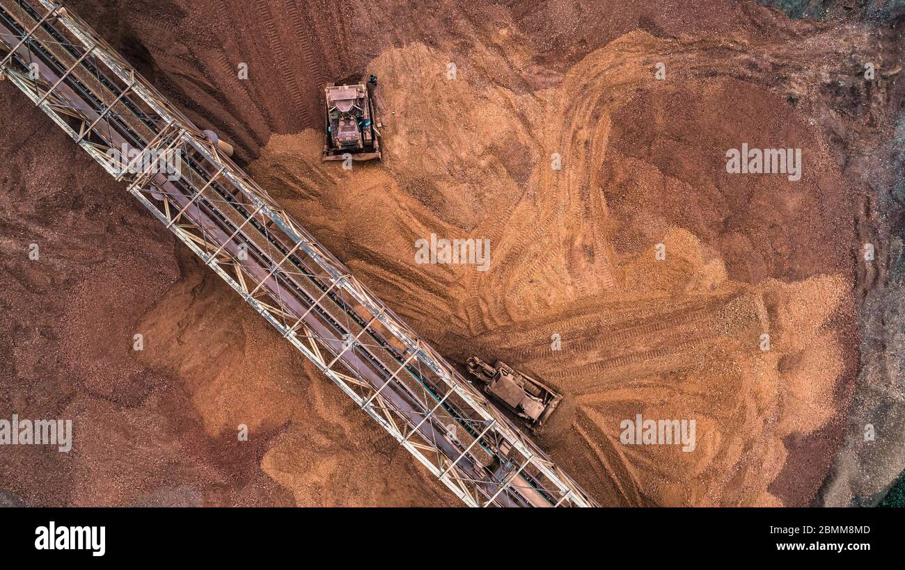 Aerial view over monohydrallite mine field. Sand mine. View from above ...