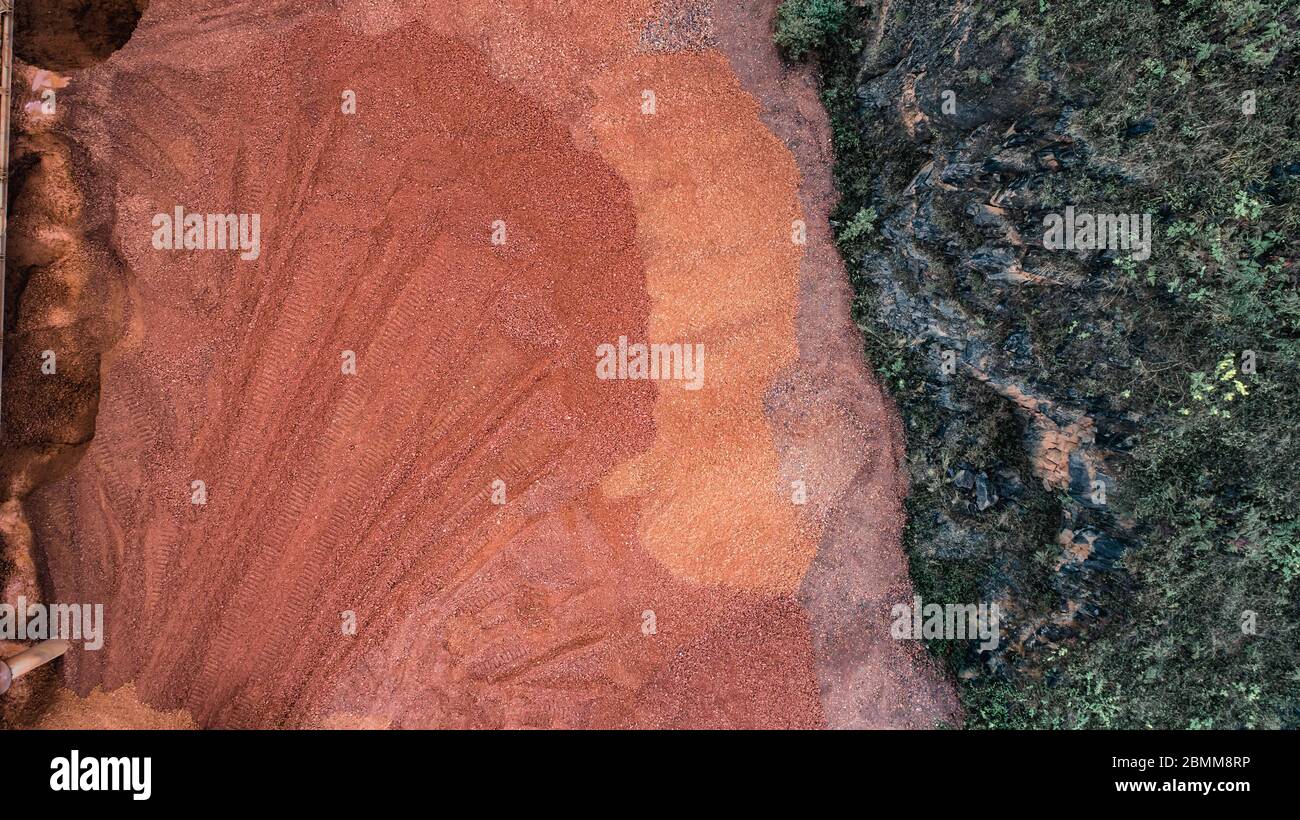Aerial view over monohydrallite mine field. Sand mine. View from above ...