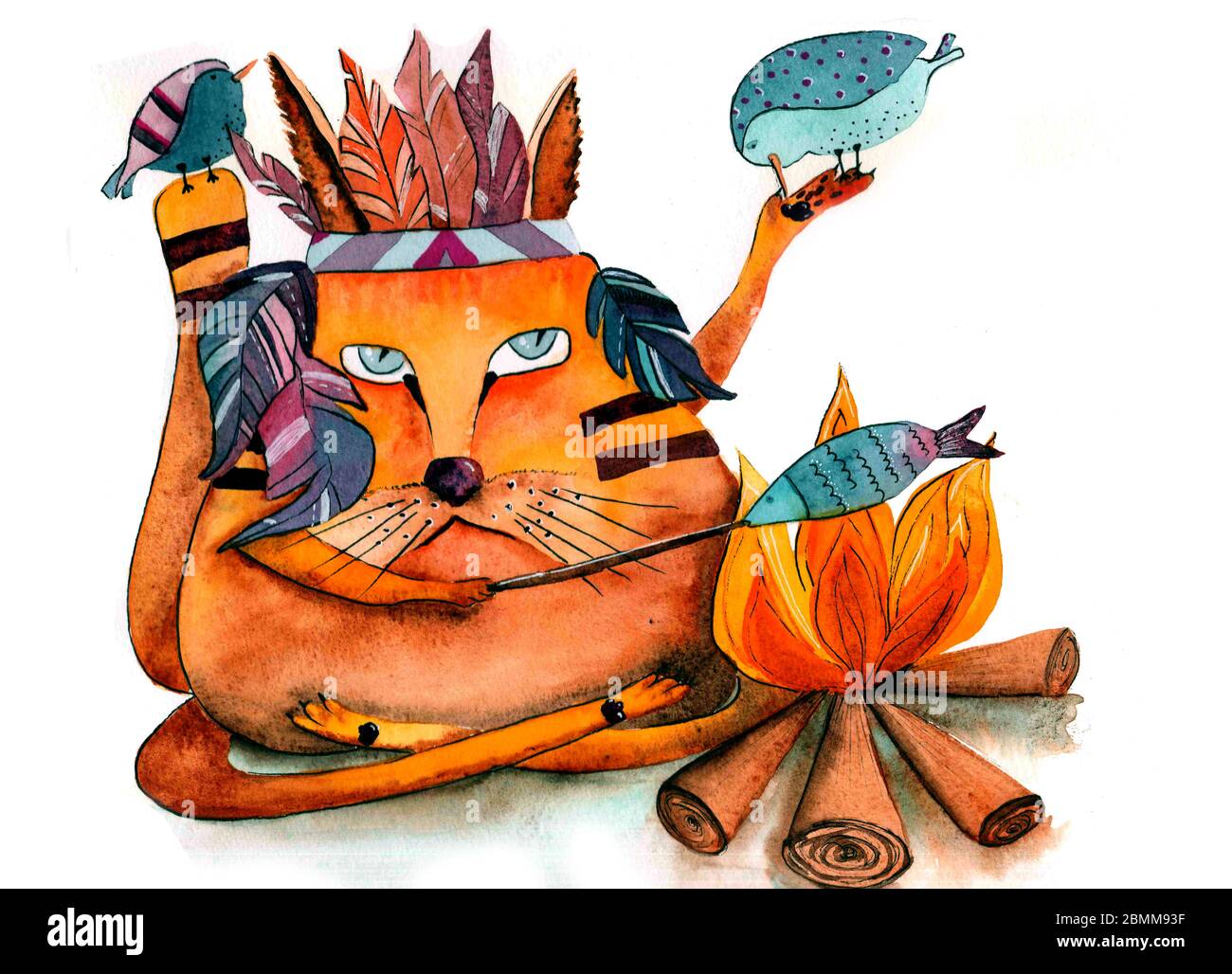 Hand drawn watercolor grumpy red cat. Ideal for postcards, gift tags ...