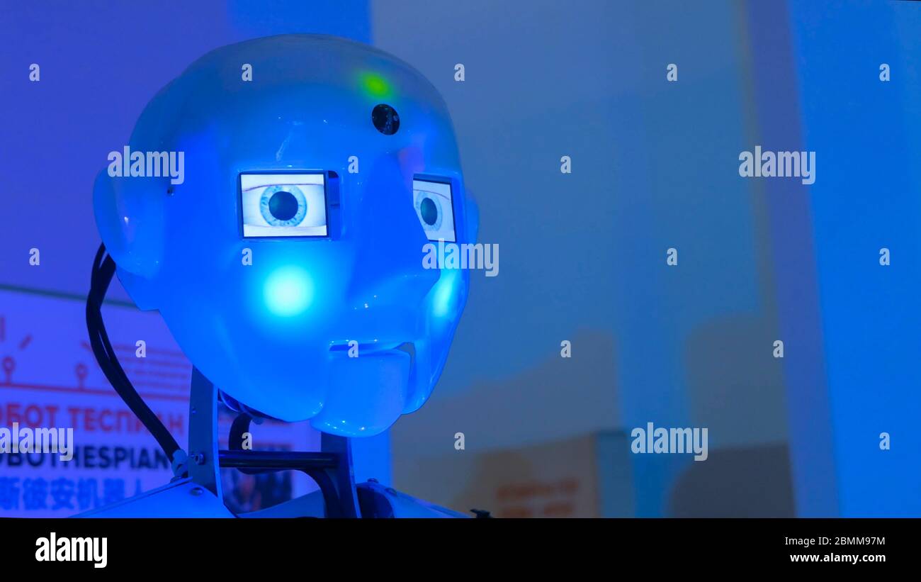 Portrait of funny humanoid robot at technology exhibition. Close up ...