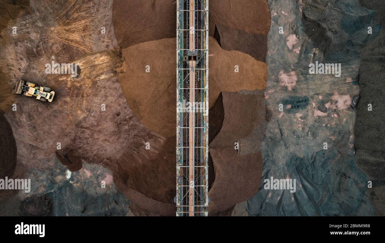 Aerial view over monohydrallite mine field. Sand mine. View from above ...
