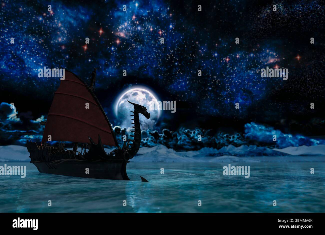Viking warship at moonlight - 3D rendering Stock Photo - Alamy