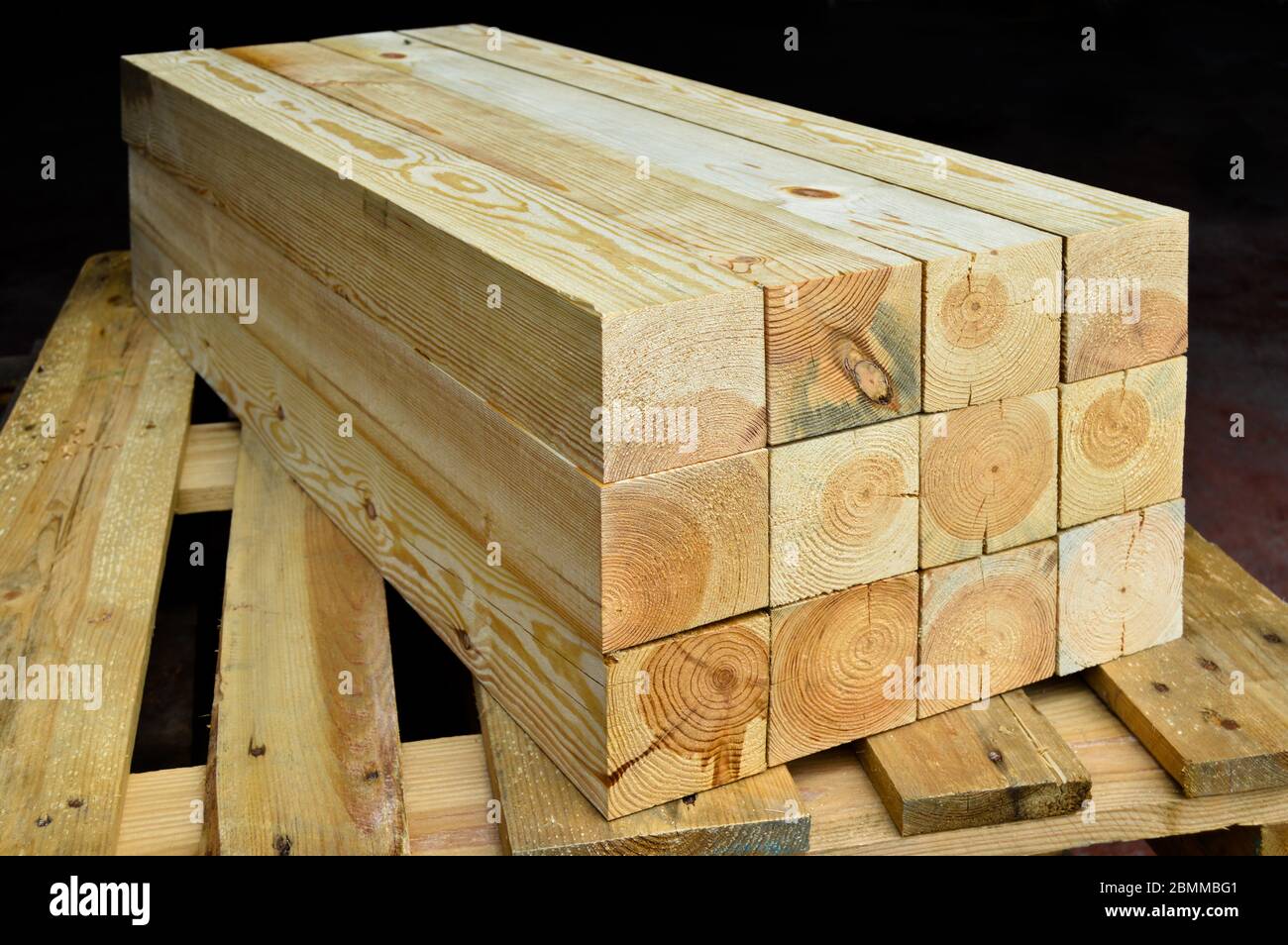 Pine lumber stacked in a row at the sawmill, lumber stack for storage ...