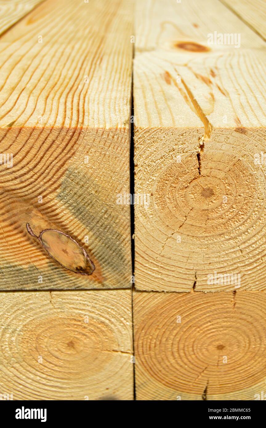 Pine lumber stacked in a row at the sawmill, lumber stack for storage ...