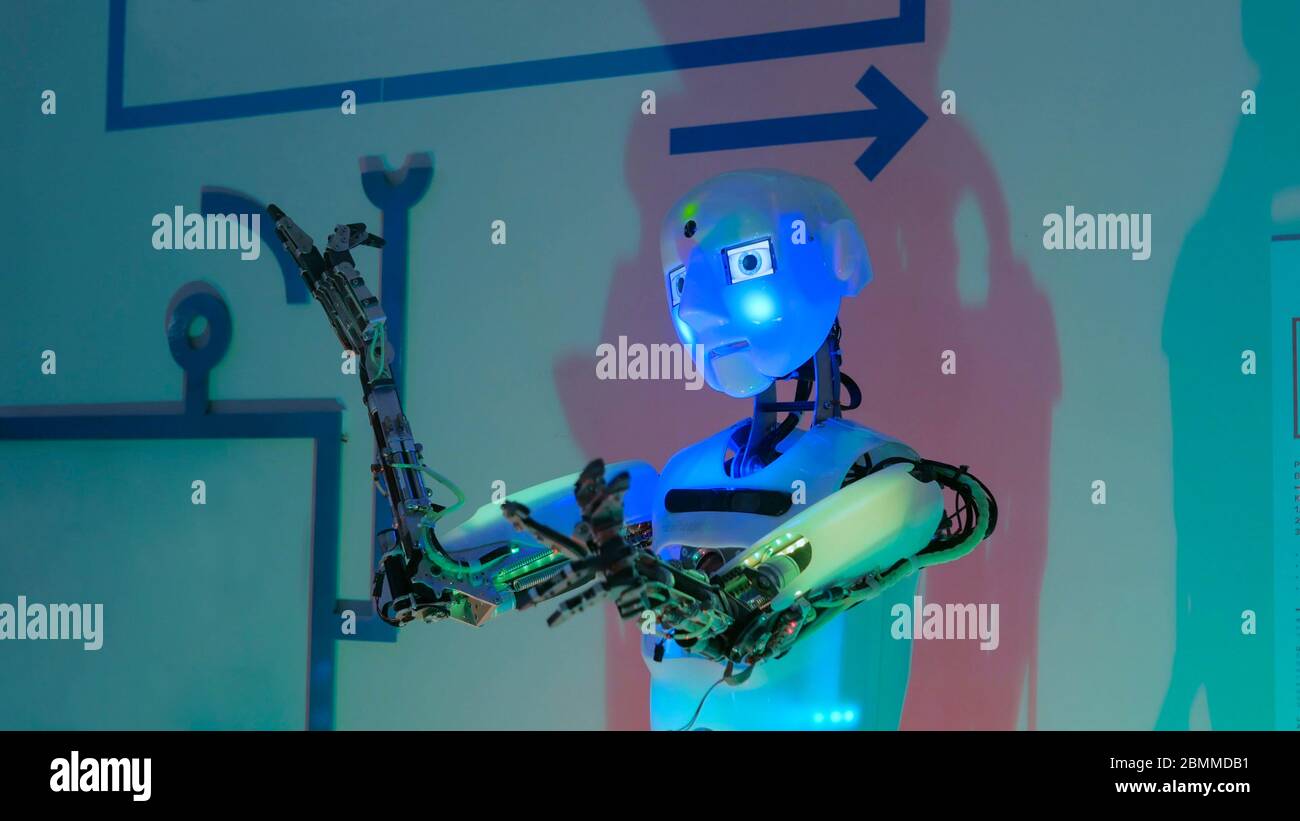 Portrait of funny humanoid robot at technology exhibition. Future and ...