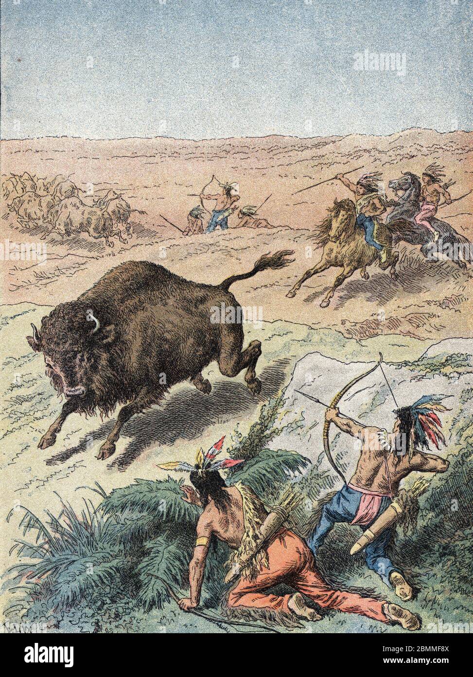 "Des indiens peaux-rouges chassant le bison dans les prairies ...