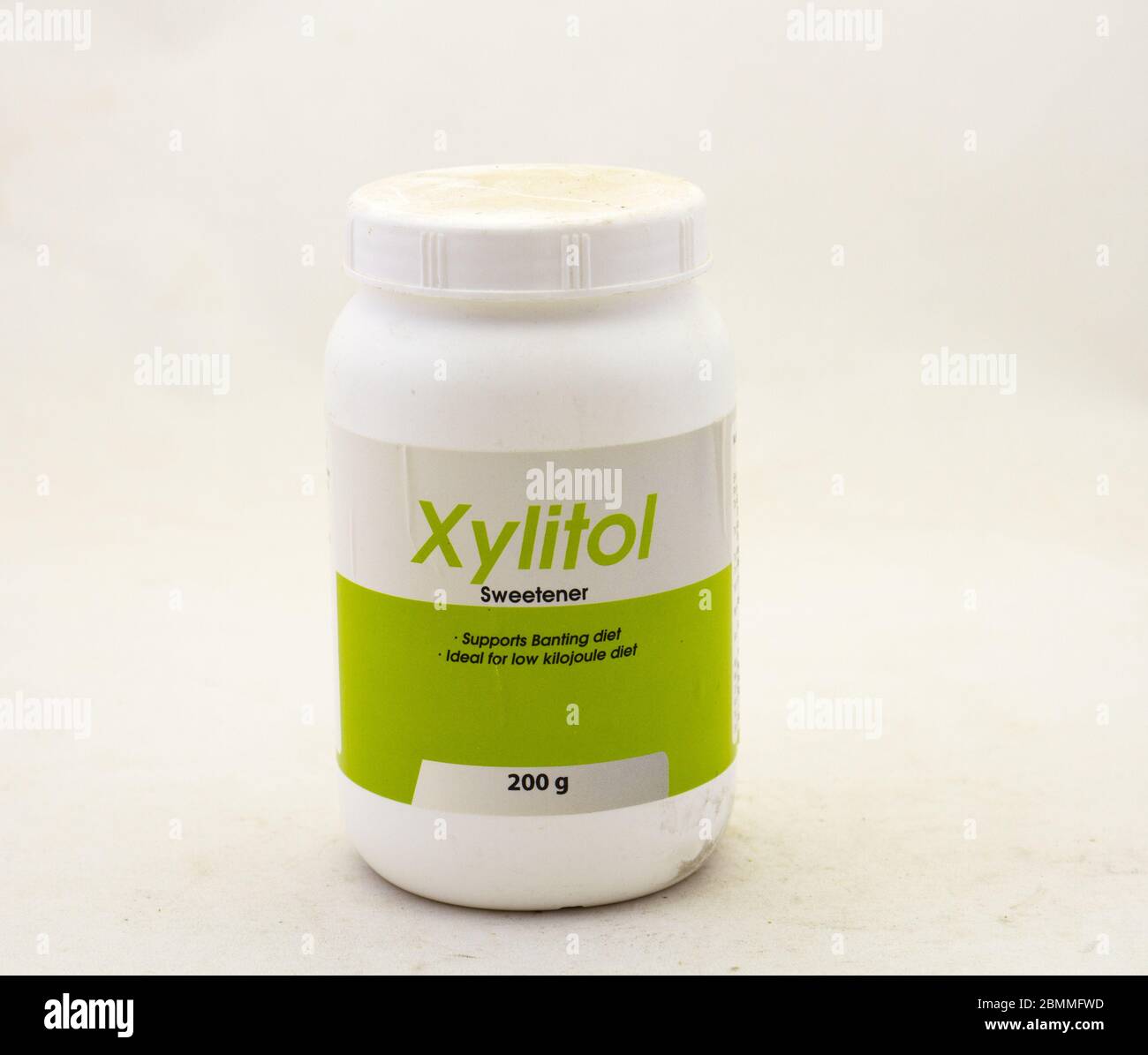 Alberton, South Africa - a container of Xylitol sweetener isolated on a ...